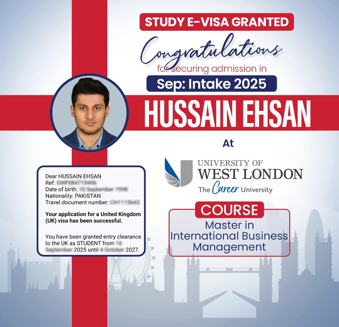 Hussain Ehsan’s Success Story | UK Student Visa & Admission at University of West London